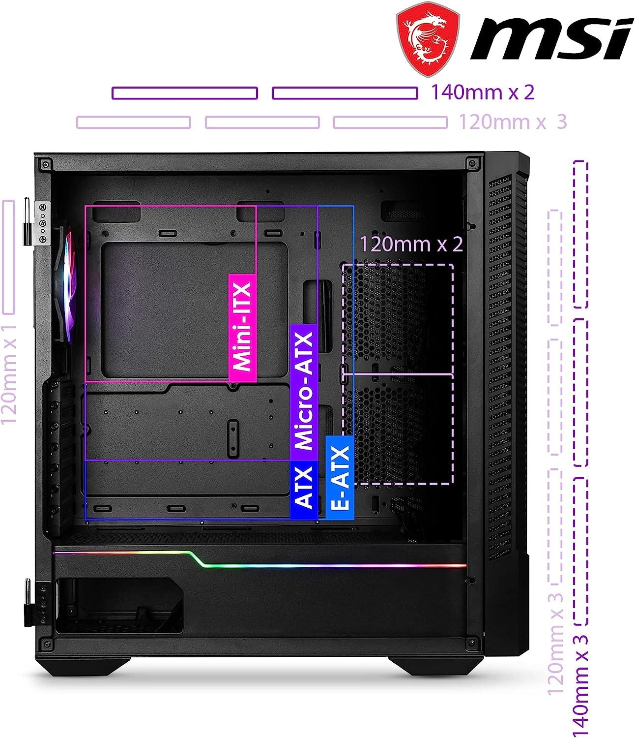 MSI MPG Velox 100R Boîtier PC Gaming Noir 4 Ventilateurs ARGB 120 m...
